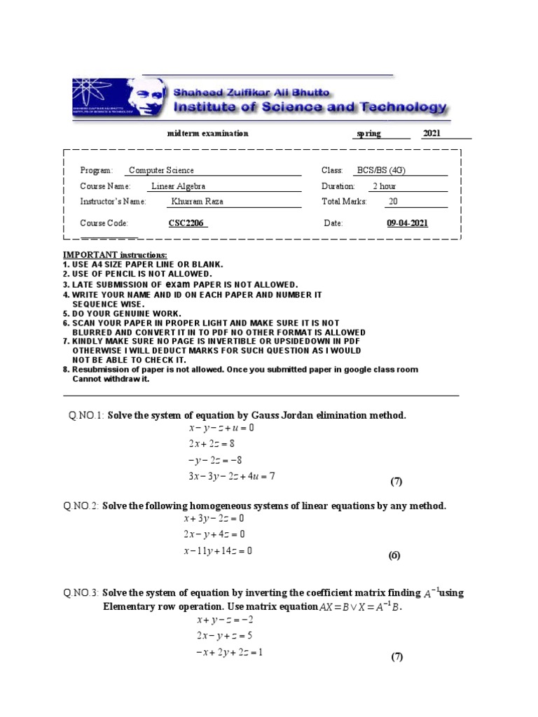 Linear Algebra-4G Mid Term Exam Spring 2021 | PDF