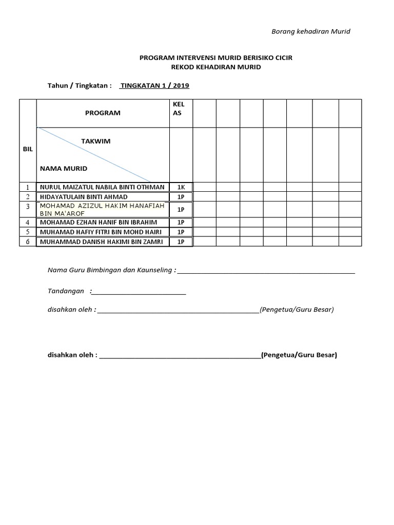 2019 - Borang Kehadiran Murid | PDF