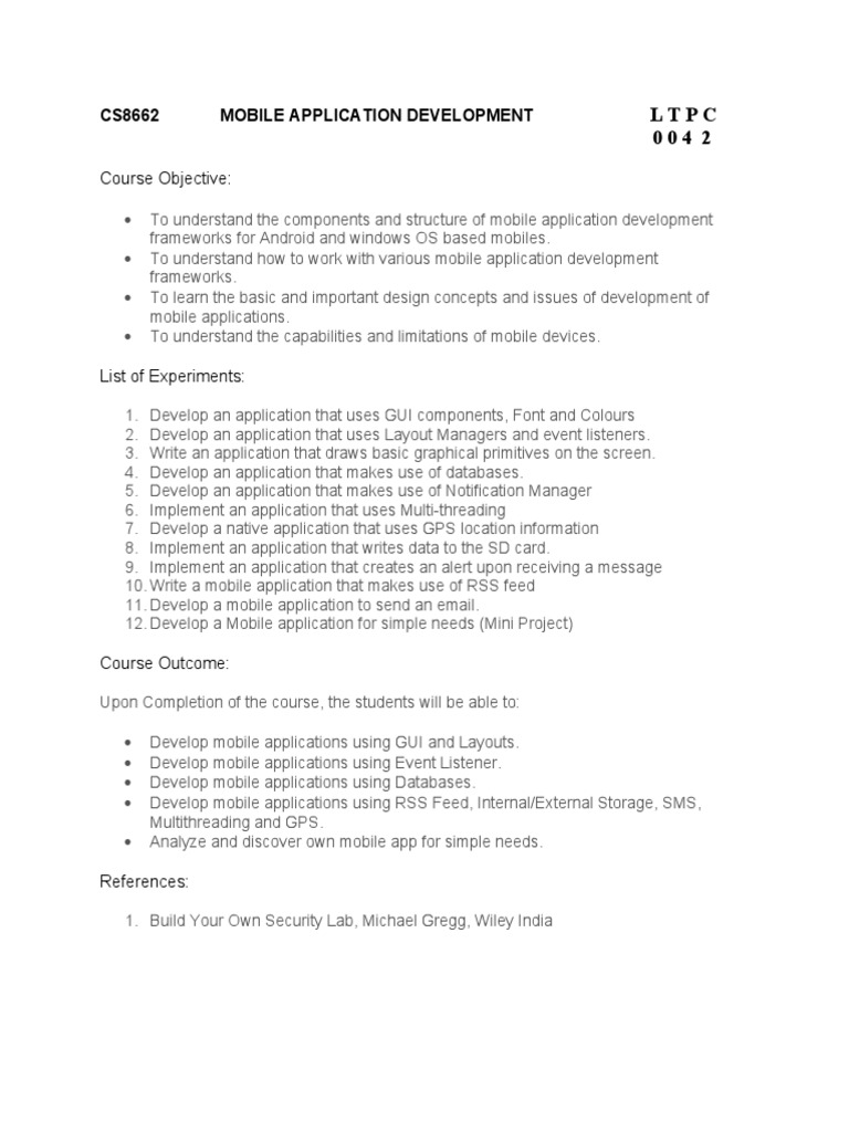 Mobile App Development Lab Syllabus | PDF