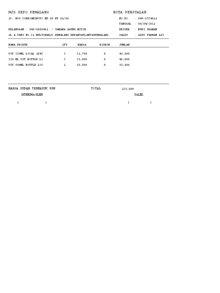 Nota Penjualan MJS Depo Pemalang | PDF