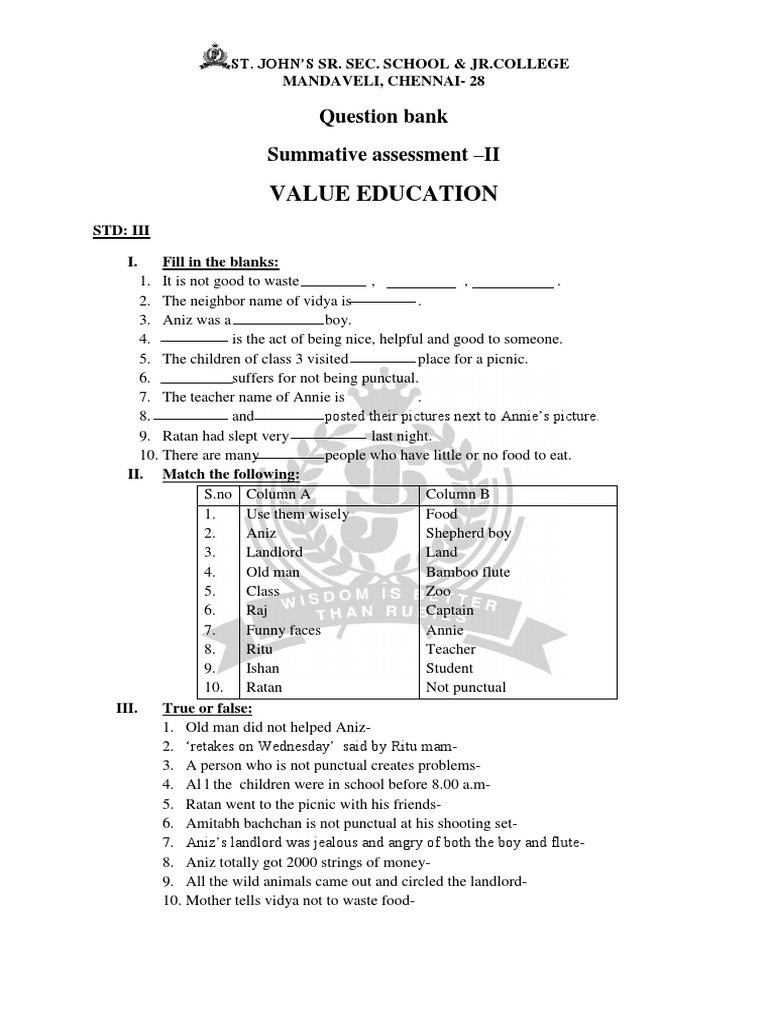 Value Education: Question Bank Summative Assessment - II | PDF ...