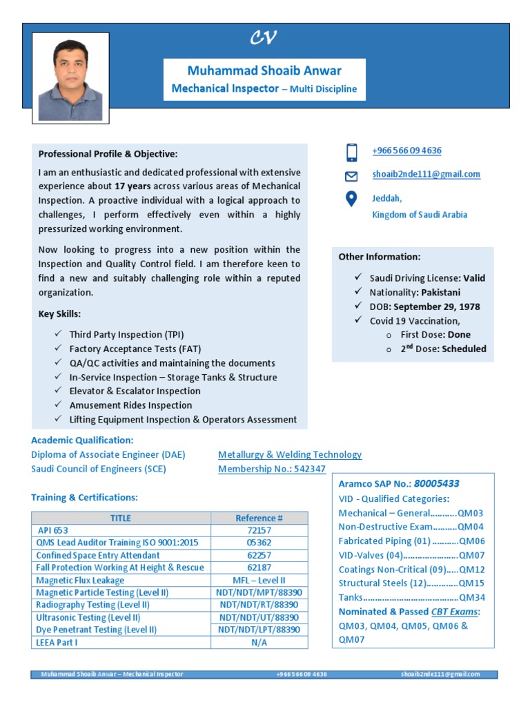 CV Shoaib Anwar - Mechanical Inspector Multi Discipline - Z | PDF ...