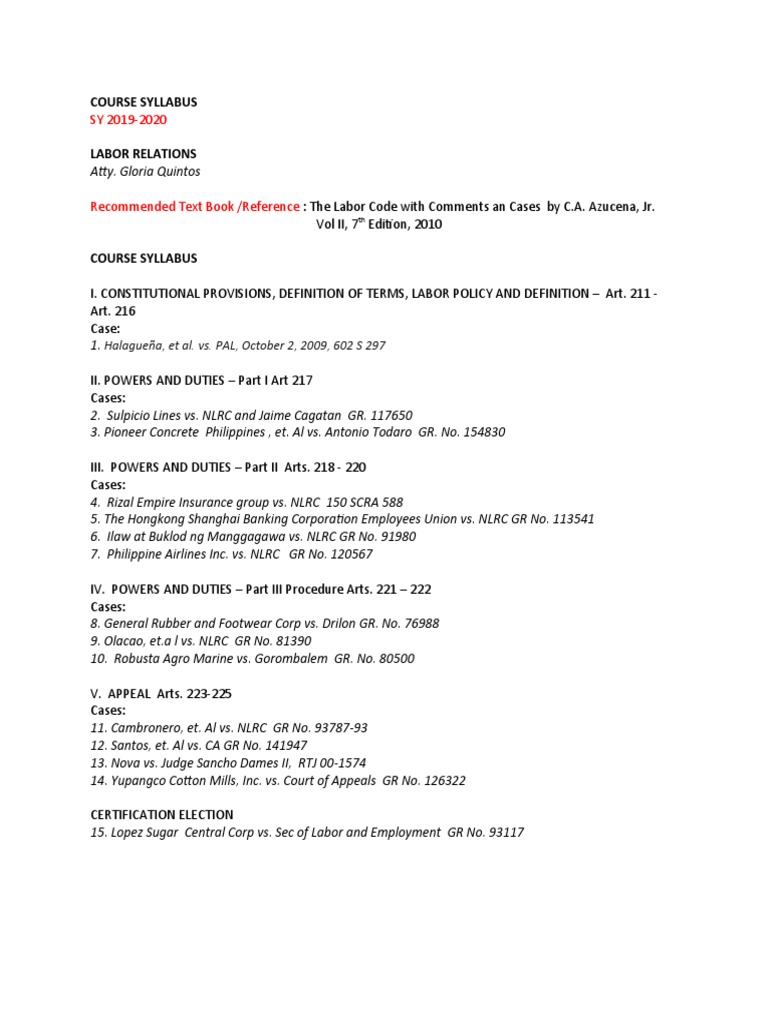 Labor Relations Course Syllabus 2019-2020 | PDF | Labor Relations ...