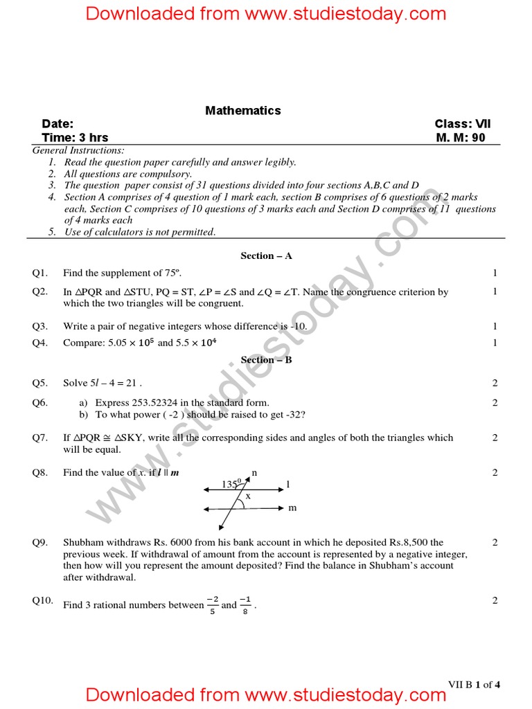 CBSE Class 7 Mathematics Question Paper Set E - 0 | PDF | Triangle | Space