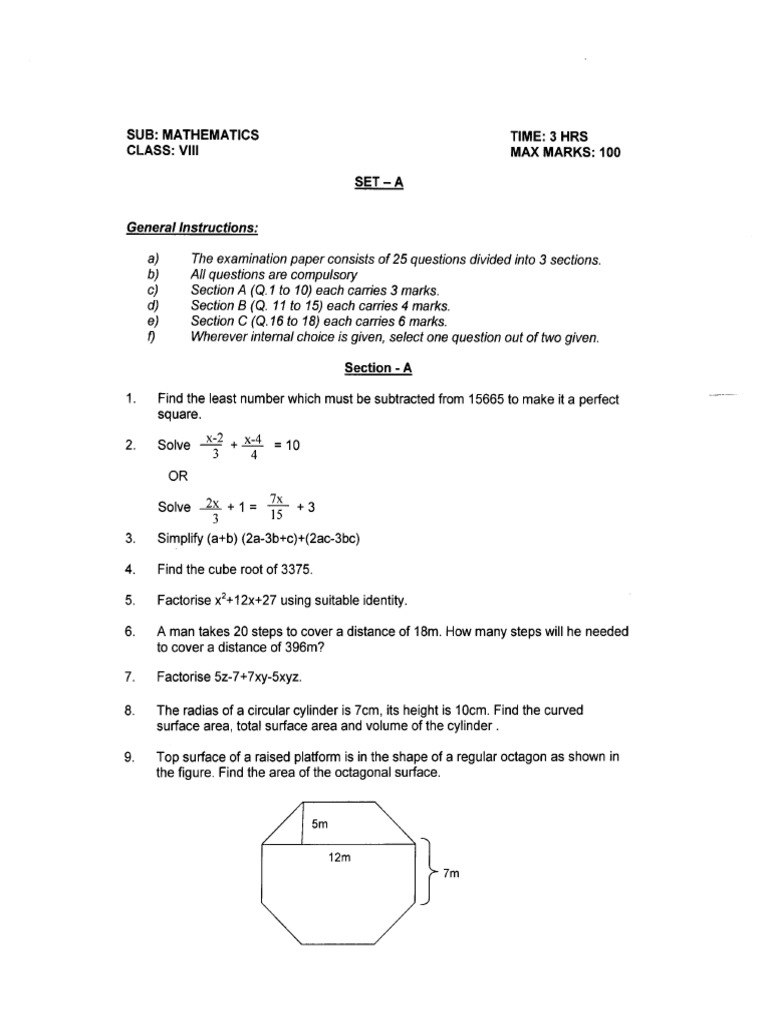 CBSE Class 8 Mathematics Question Paper Set F | PDF
