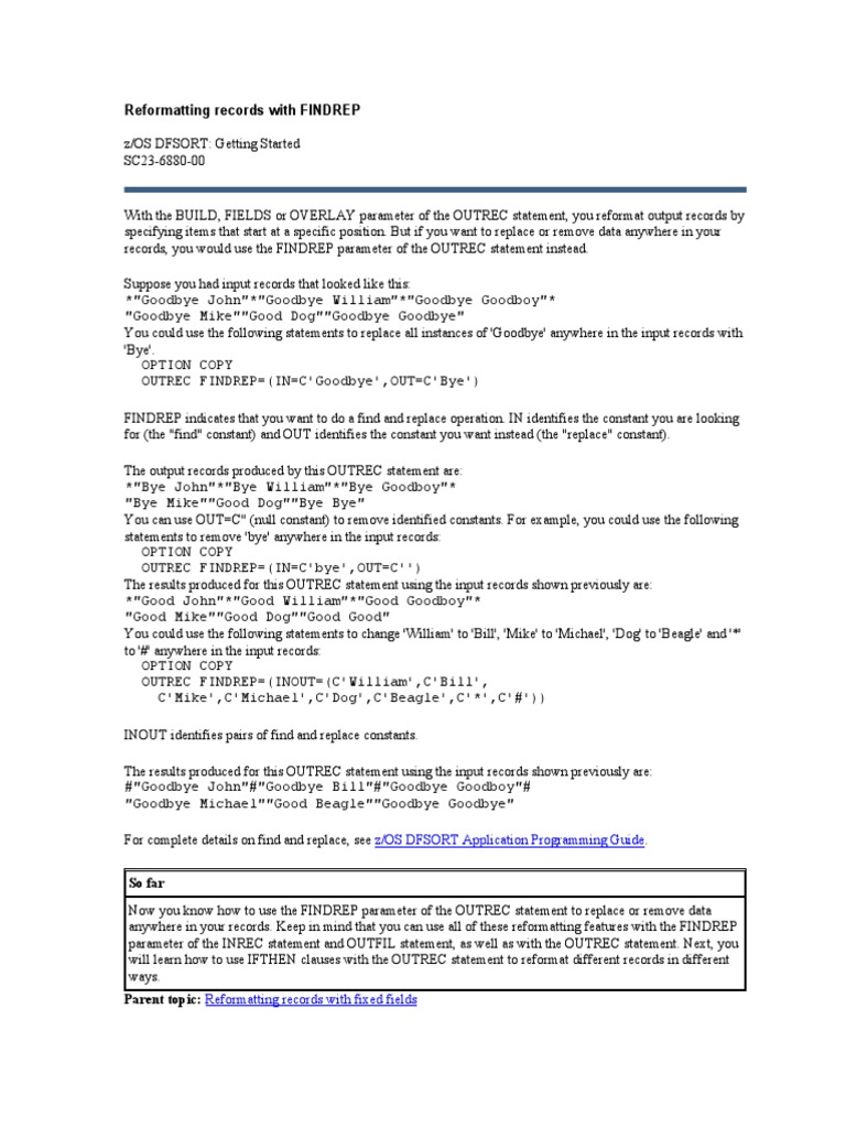 z/OS DFSORT FINDREP Guide | PDF | Parameter (Computer Programming) | Computer Data