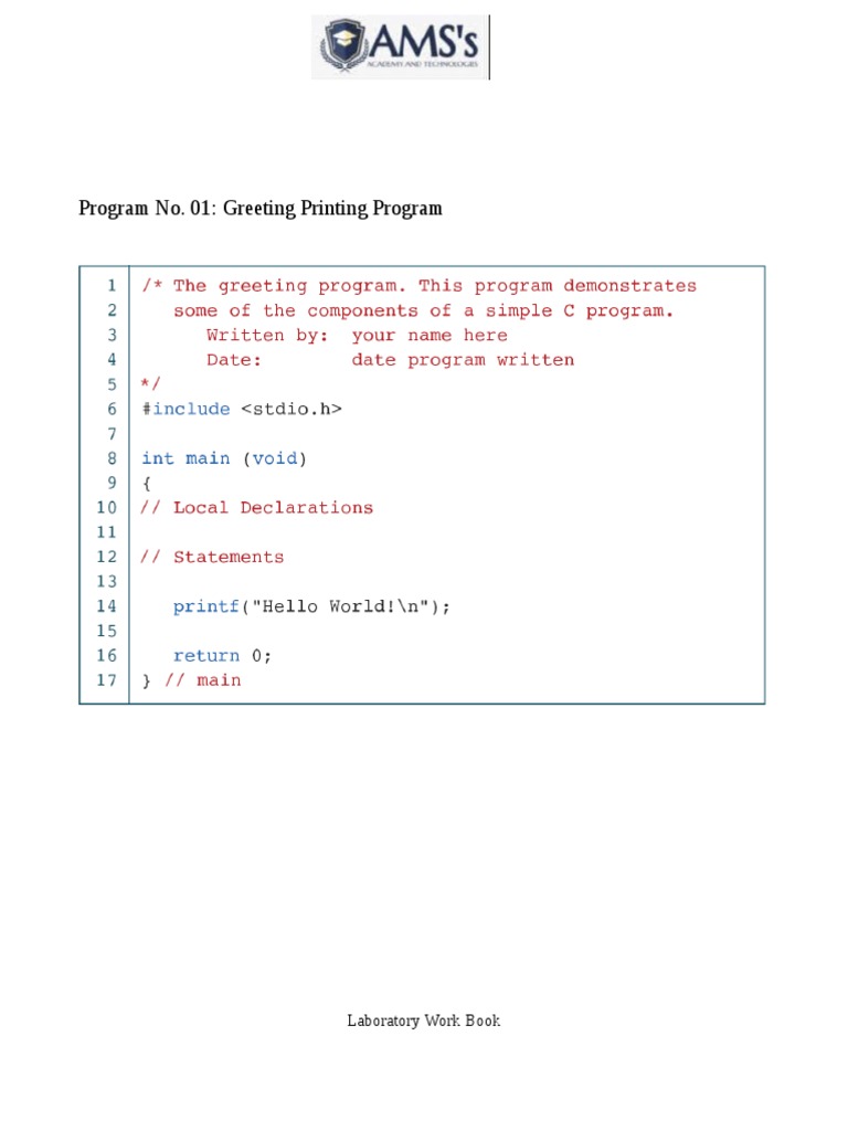 Program No. 01: Greeting Printing Program: Laboratory Work Book | PDF ...