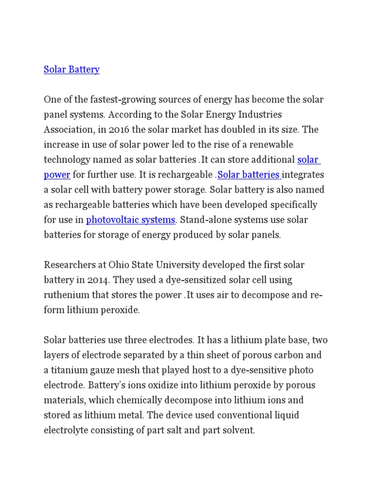 Solar Battery | PDF | Rechargeable Battery | Solar Power
