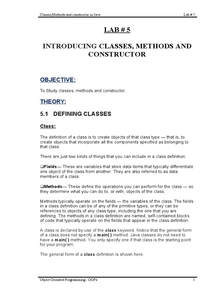 Introducing: Lab # 5 Classes, Methods and Constructor | PDF | Constructor (Object Oriented ...