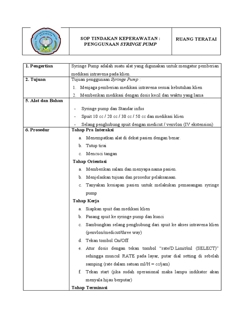 SOP Penggunaan Syringe Pump Keperawatan | PDF