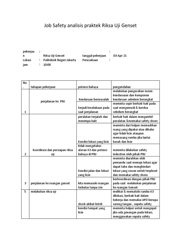 Job Safety Analisis Praktek Riksa Uji Genset | PDF