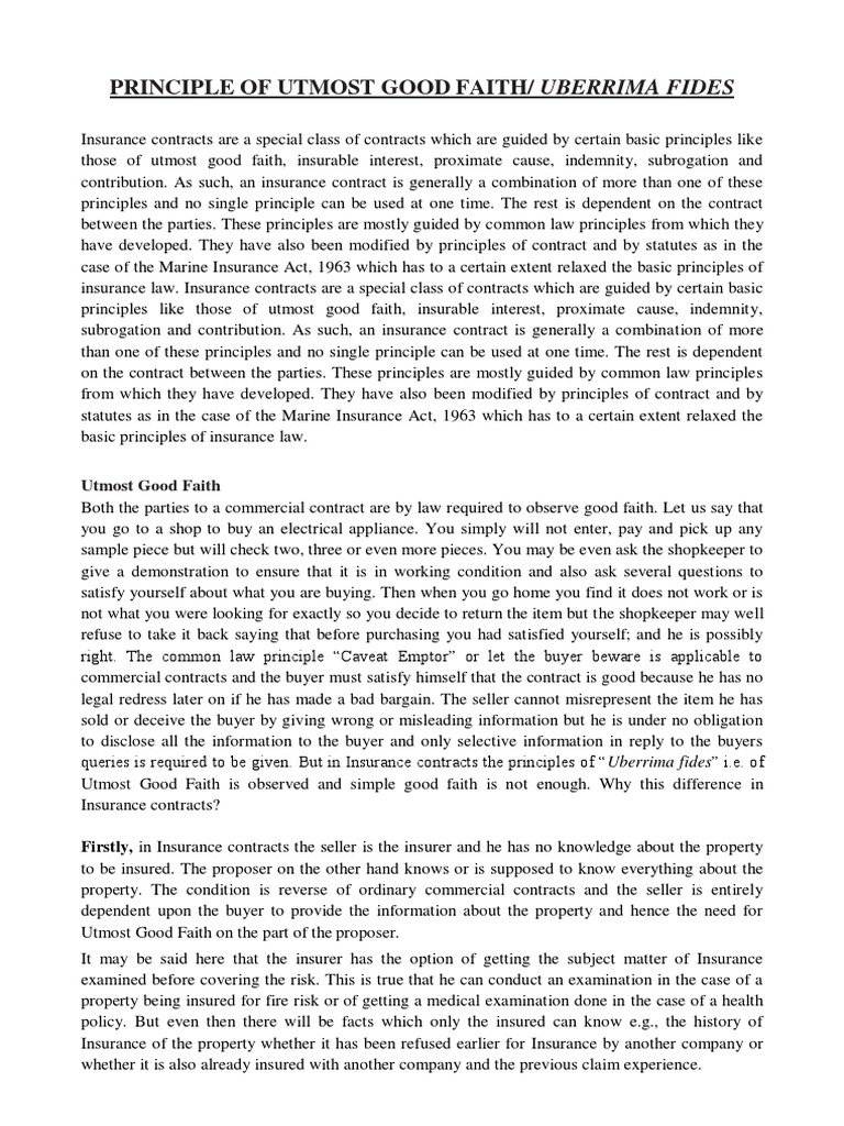 Principle of Utmost Good Faith | PDF | Breach Of Contract | Insurance