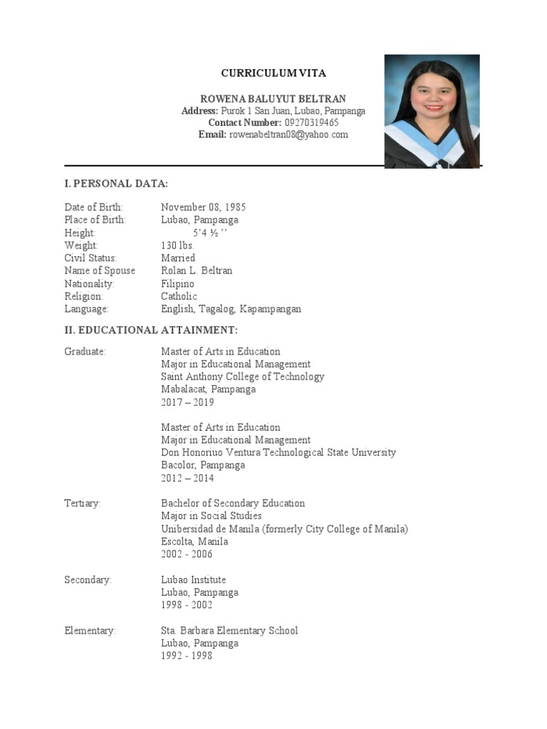 Curriculum Vitae Sample | PDF | Philippines | Human Nature