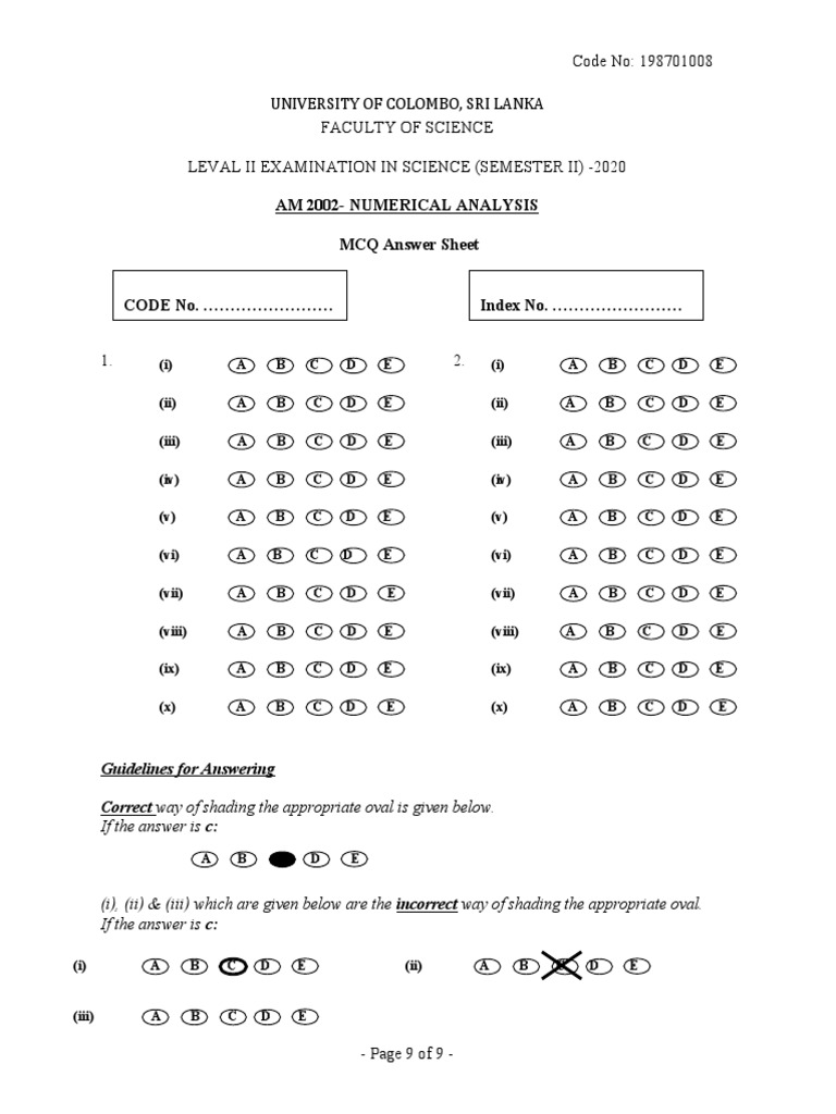 AM 2002-Numerical Analysis MCQ Answer Sheet | PDF