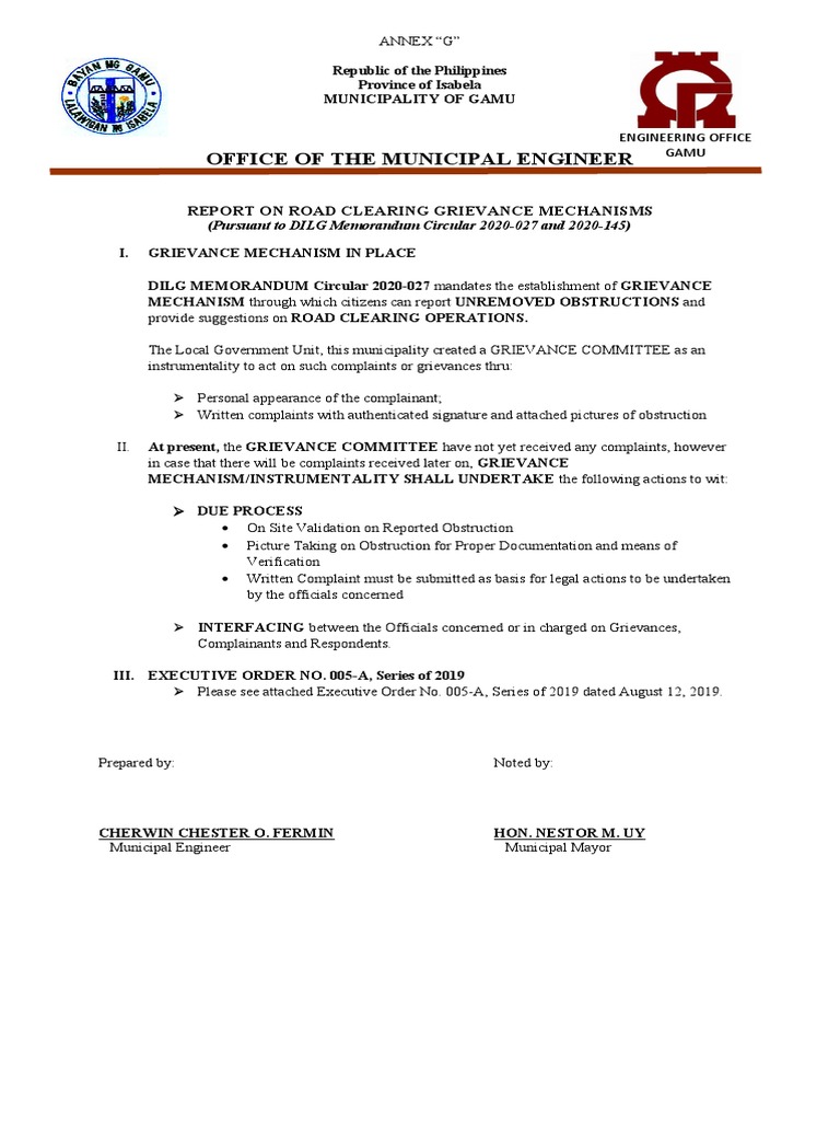 Office of The Municipal Engineer: Report On Road Clearing Grievance ...