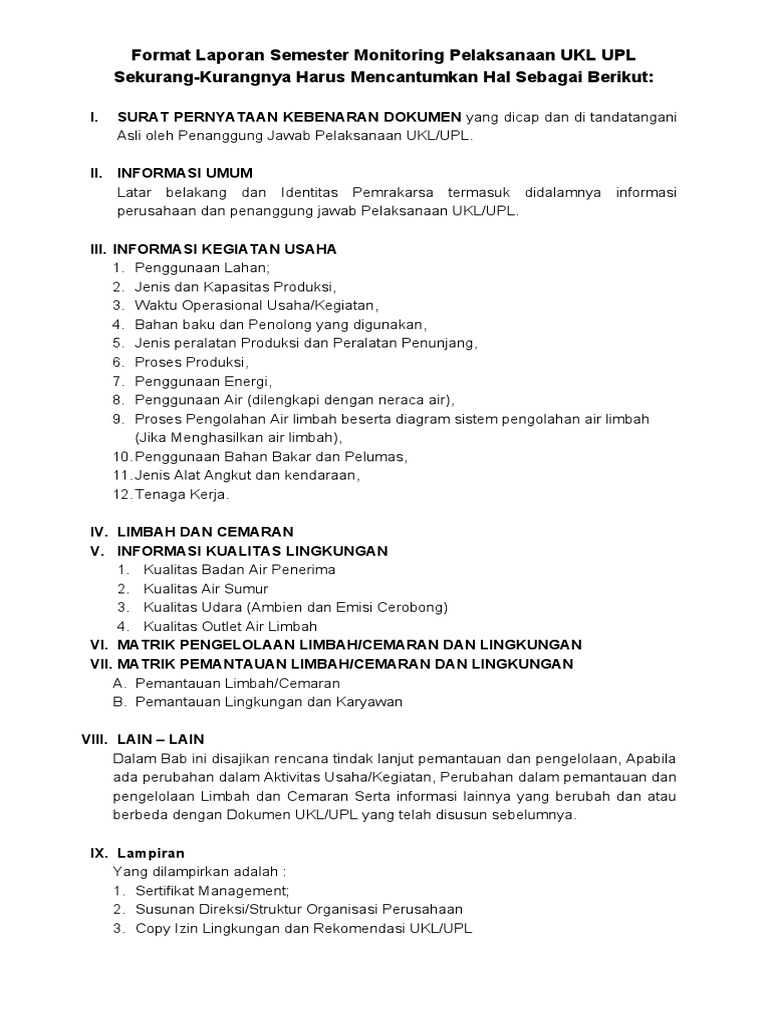 Format Laporan Semester Monitoring Pelaksanaan UKL UPL Sekurang-Kurangnya Harus Mencantumkan Hal ...