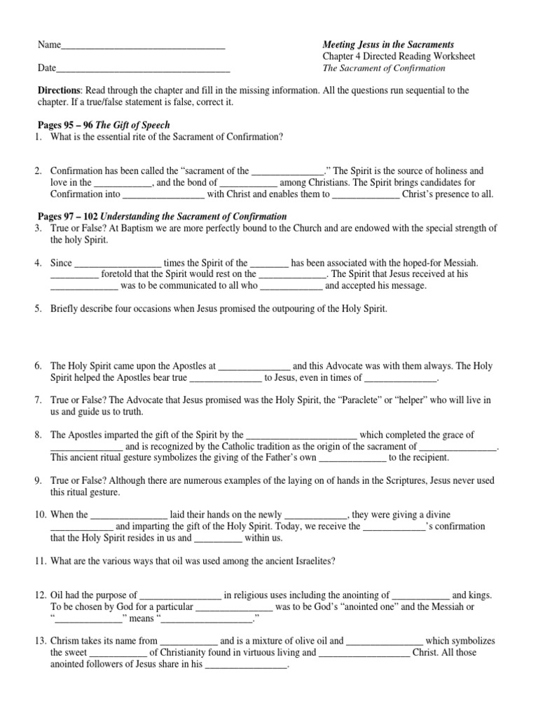 Meeting Jesus in The Sacraments Chapter 4 Directed Reading Worksheet ...