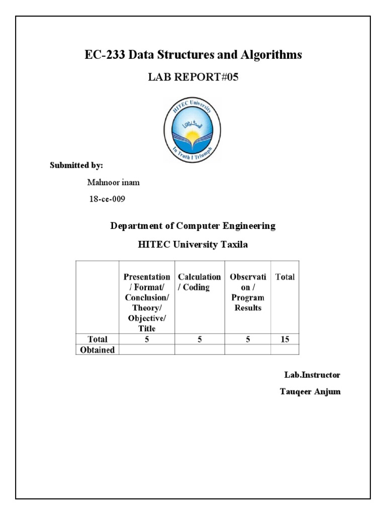 EC-233 Data Structures and Algorithms: Lab Report#05 | PDF | Software ...