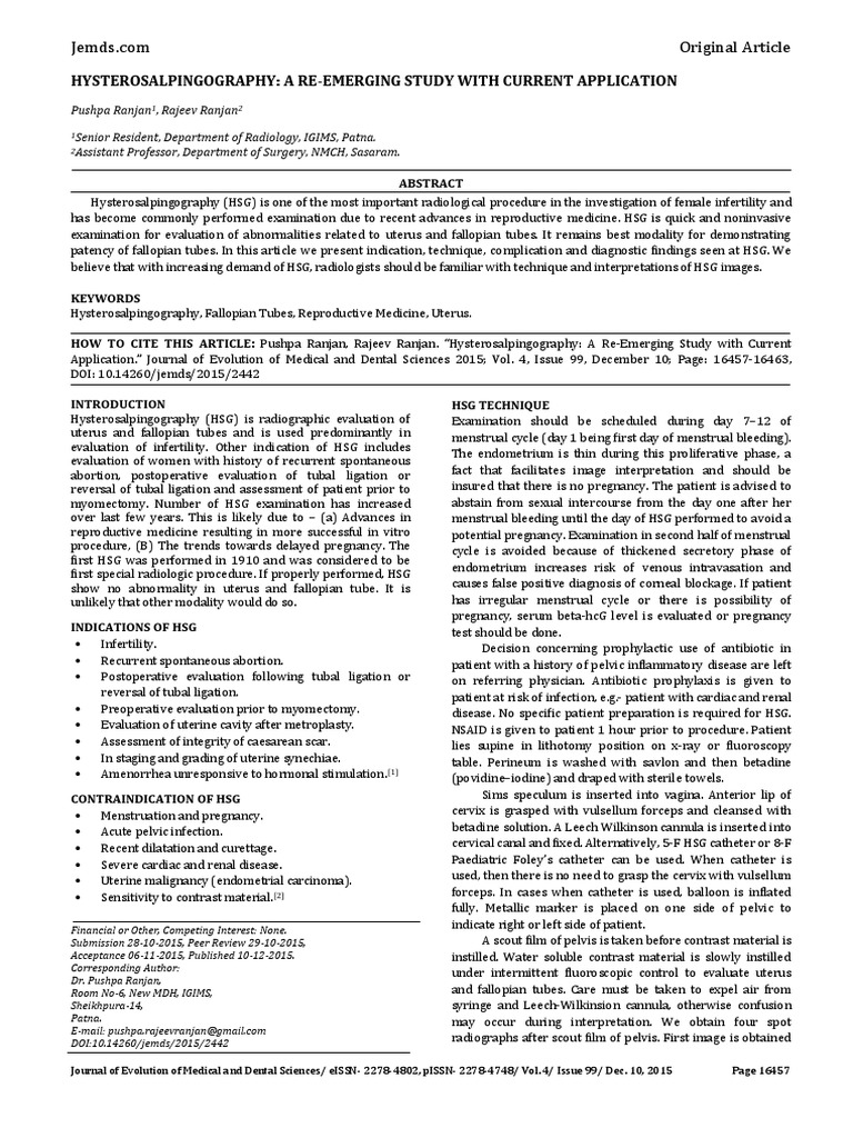 Hysterosalpingography A Re - Emerging Study With C | PDF | Uterus ...
