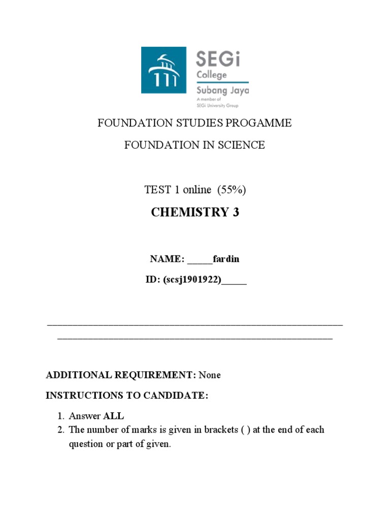 Test 1 Chem 3 c1-c3 Online 1 | PDF | Chemical Reactions | Alkene