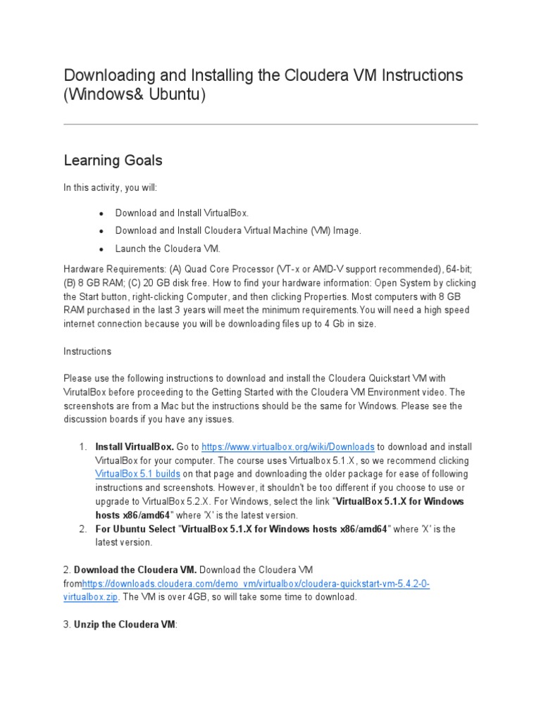Downloading and Installing The Cloudera VM Instructions - Windows | PDF | Virtual Machine ...