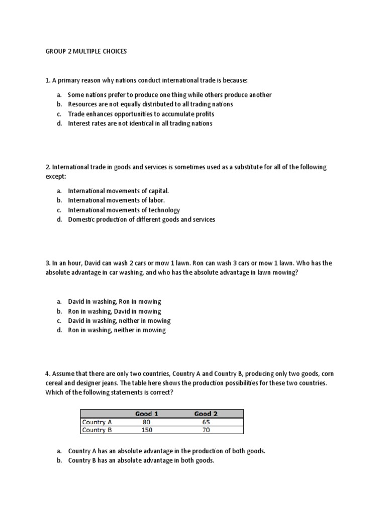 Multiple Choice Questions on International Trade Concepts Including ...