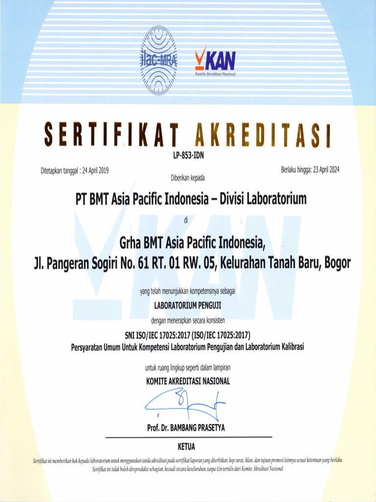 LP 853 IDN - 2019 Sertifikat KAN BMT LAB | PDF
