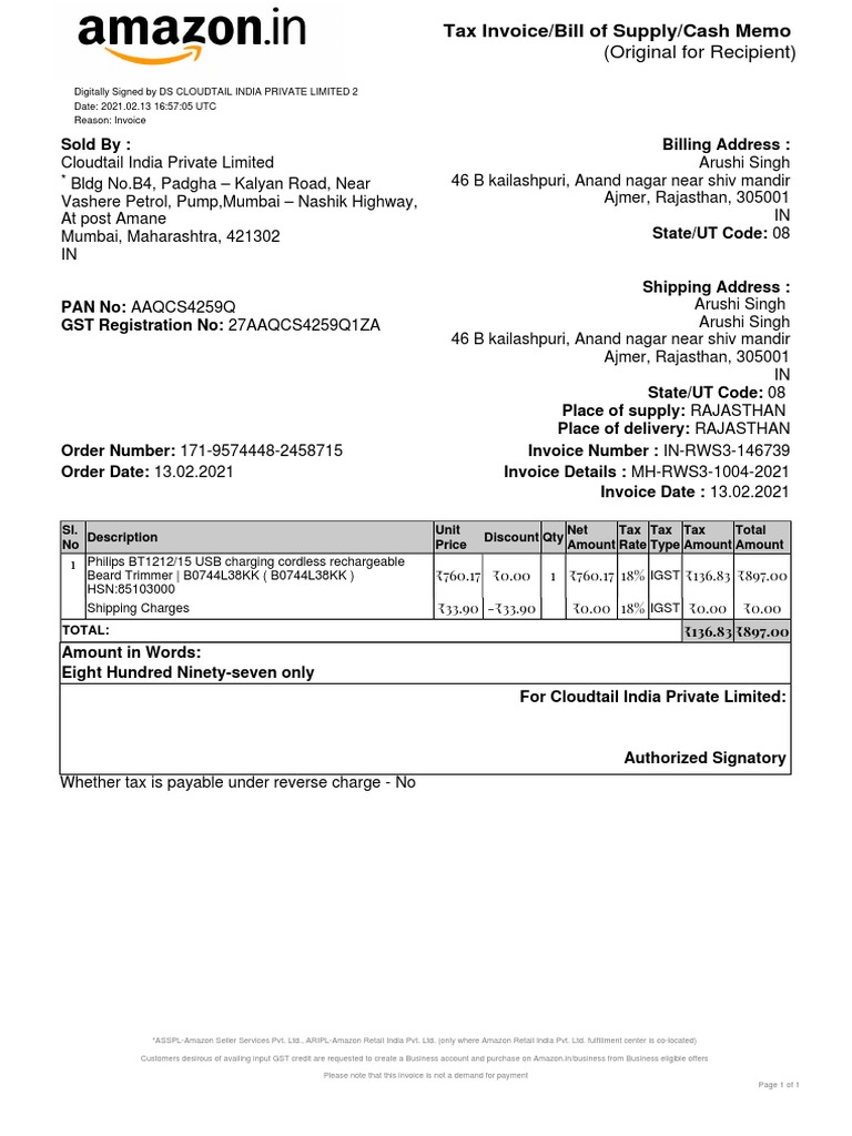 Tax Invoice for Purchase of a Philips Beard Trimmer from Cloudtail ...