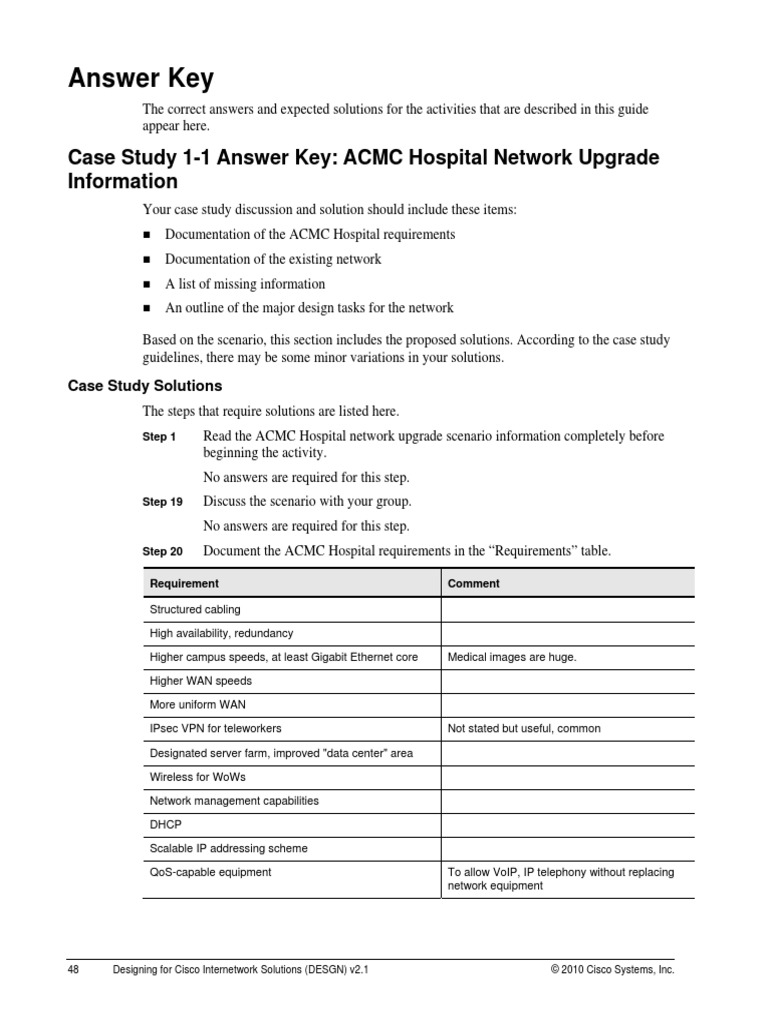 Answer Key: Case Study 1-1 Answer Key: ACMC Hospital Network Upgrade ...