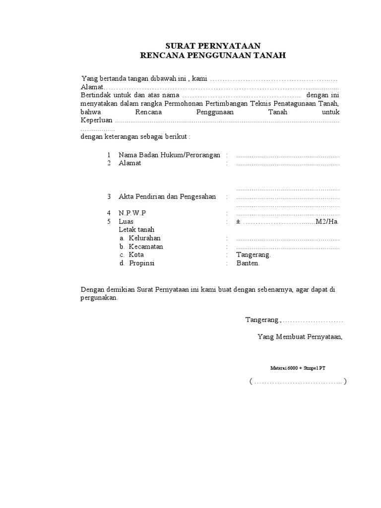Surat Pernyataan Rencana Penggunaan Tanah | PDF