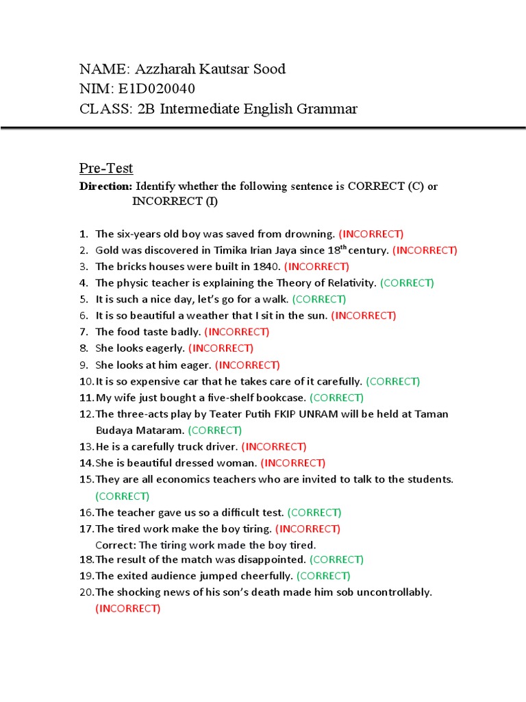 English Grammar Pre-Test Evaluation | PDF | Social Science