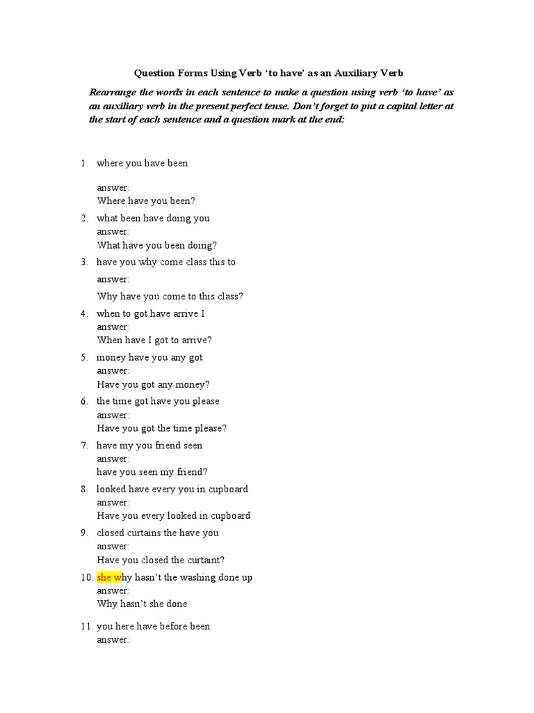 Question Forms Using Verb To Have' As An Auxiliary Verb: She W | Download Free PDF | Verb | Question