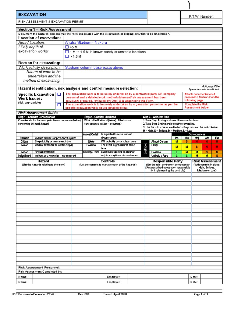 Excavation Permmit To Work | PDF | Risk Assessment | Hazards