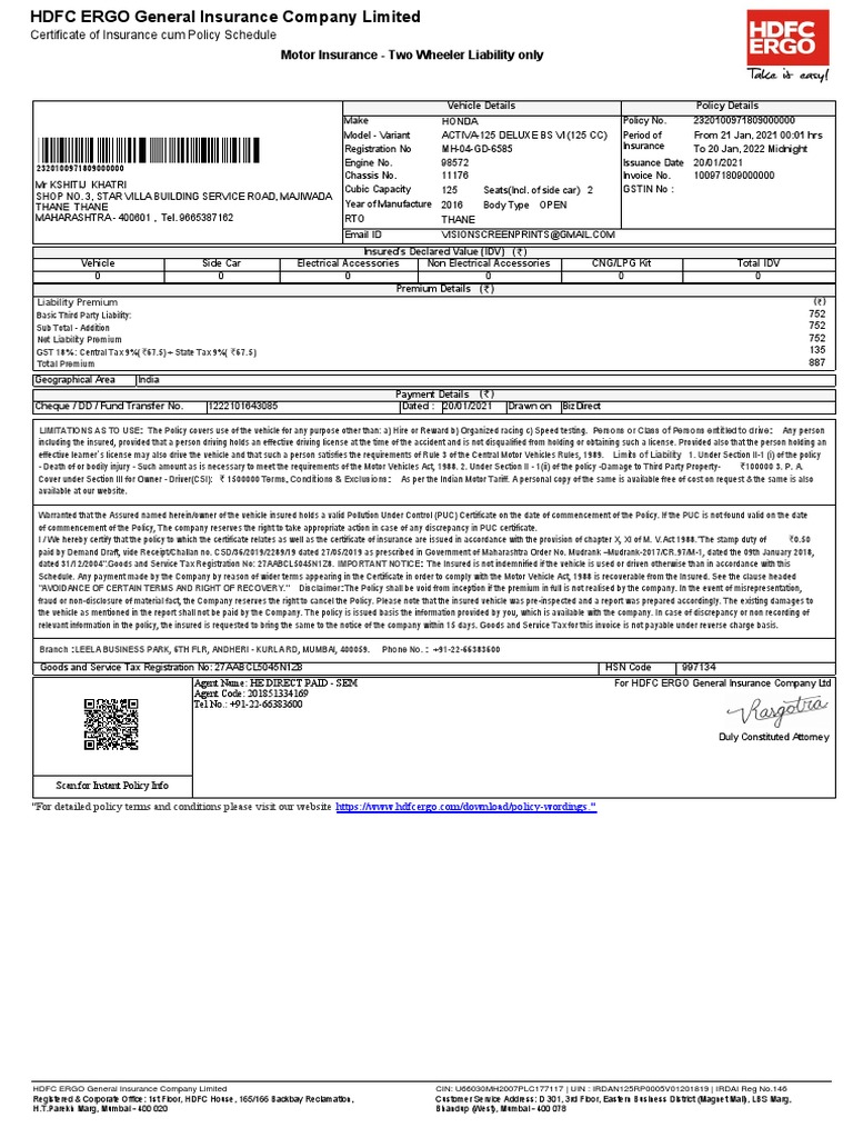 Motor Insurance - Two Wheeler Liability Only: Certificate of Insurance ...