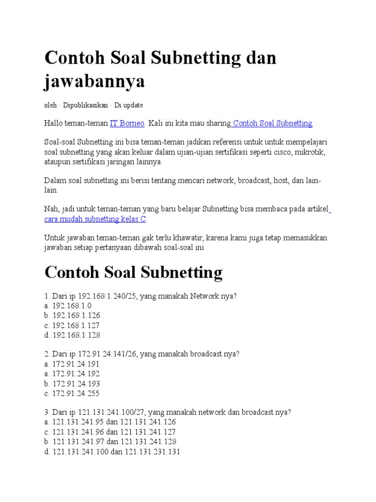Contoh Soal Subnetting Dan Jawabannya | PDF