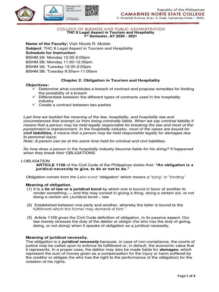 Chapter 2 Obligation in Tourism and Hospitality | PDF | Law Of ...
