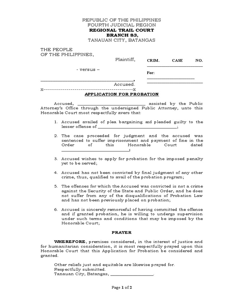 Application for Probation in Branch 83 | PDF | Probation | Plea