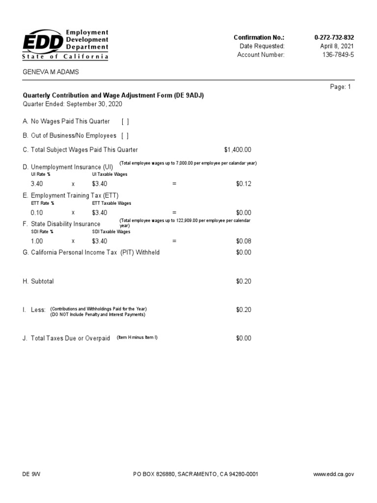 Quarterly Contribution and Wage Adjustment Form (DE 9ADJ) : Date ...