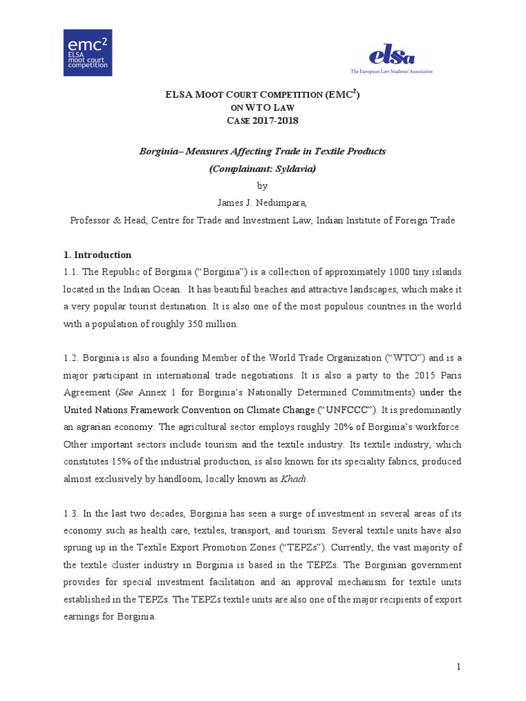Elsa M C C (Emc) WTO L C 2017-2018: Borginia - Measures Affecting Trade ...