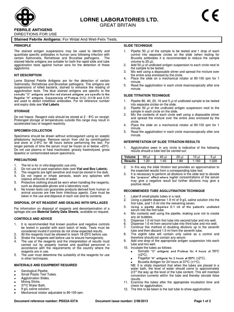 Lorne Laboratories Febrile Antigen Kit Guide | PDF | Blood Plasma ...