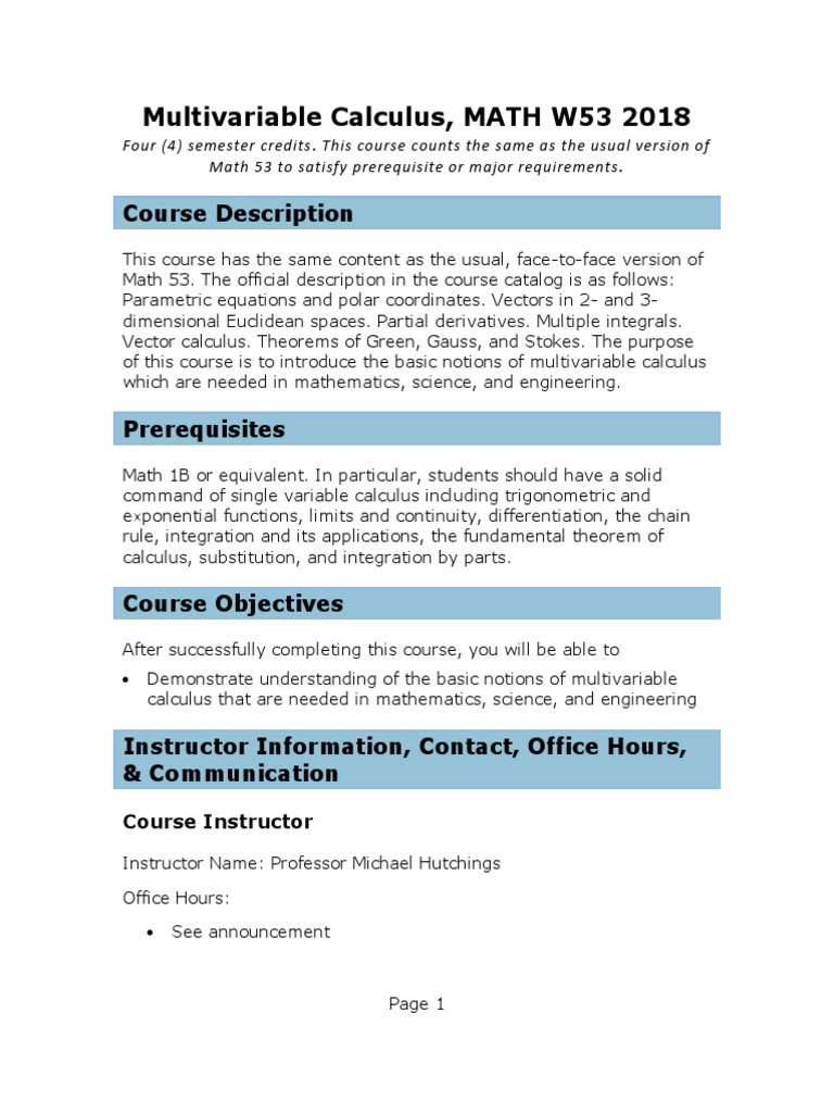 An Introduction to Multivariable Calculus: Content, Requirements, and ...