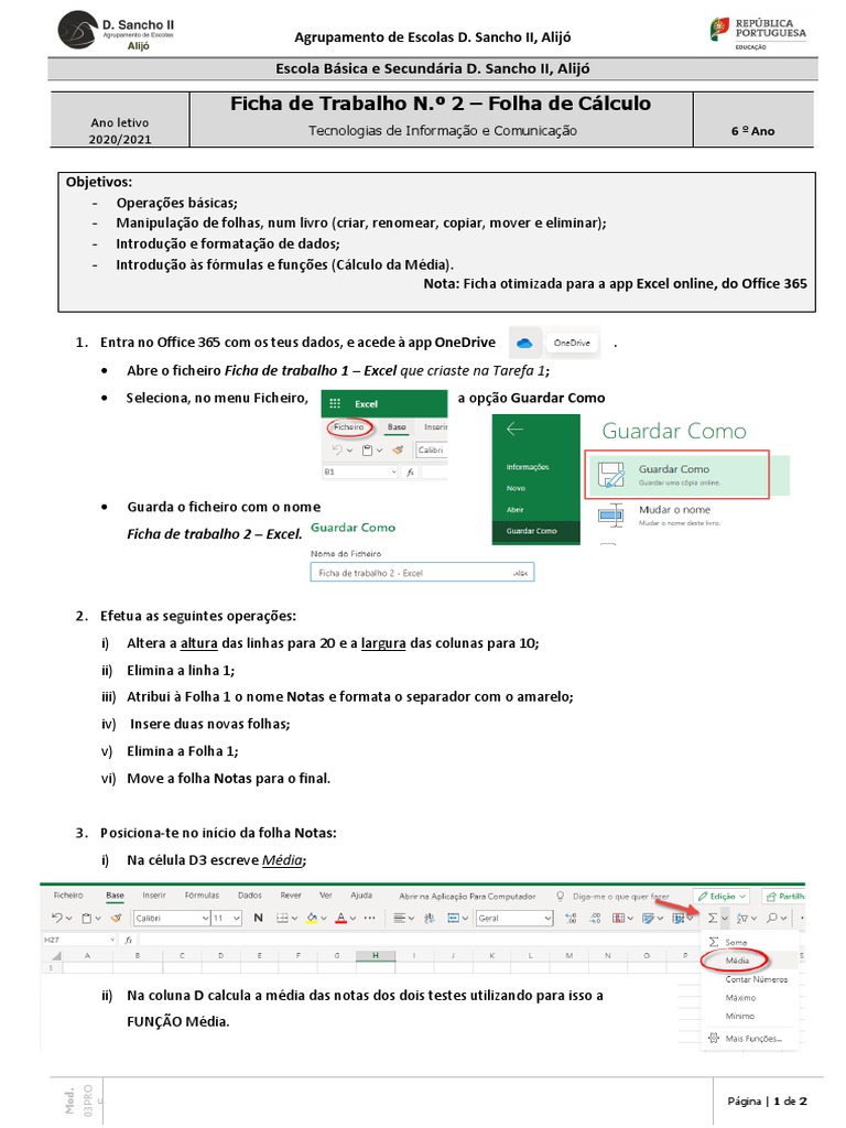 Ficha de Trabalho 2 - Excel | PDF | Microsoft Excel | Programas