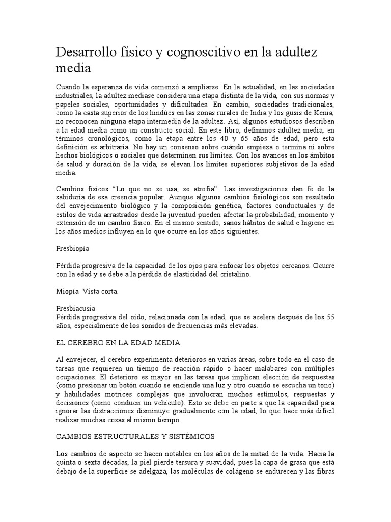 Desarrollo Físico y Cognoscitivo en La Adultez Media | PDF | Disfunción eréctil | Adultos