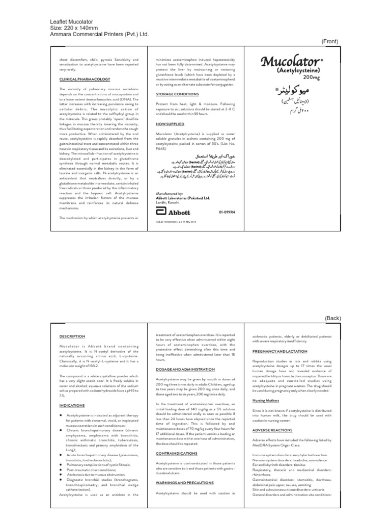 Leaflet Mucolator Size: 220 X 140mm Ammara Commercial Printers (PVT ...