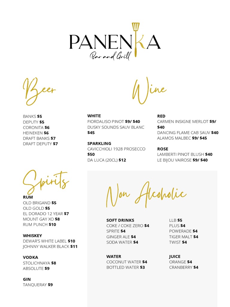 Bar Menu: Wines, Spirits & Drinks | PDF