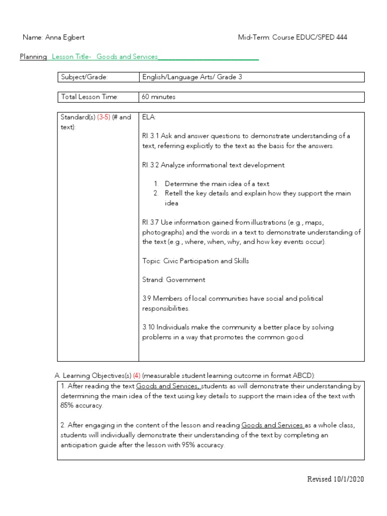 Goods and Services Lesson Plan | PDF | Teaching | Pedagogy