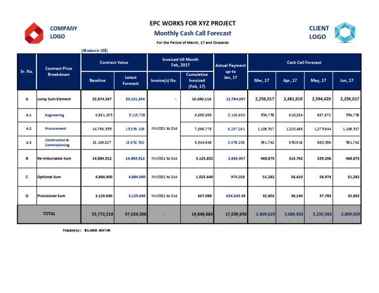 Sample Project Cash Call Forecast | PDF | Money | Business