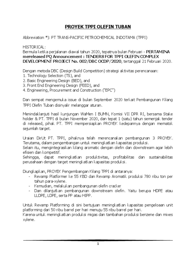 Proyek TPPI Olefin Tuban: Pengembangan Kilang Petrokimia | PDF