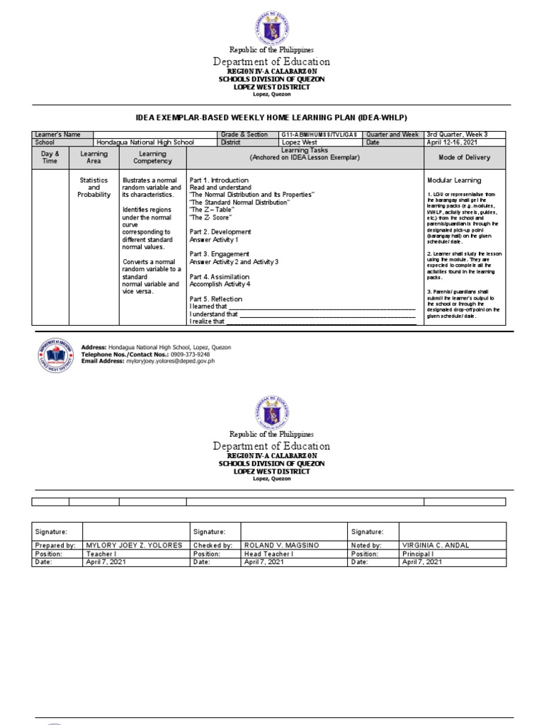 Weekly Home Learning Plan for G11 Statistics | PDF | Behavior Modification | Cognition