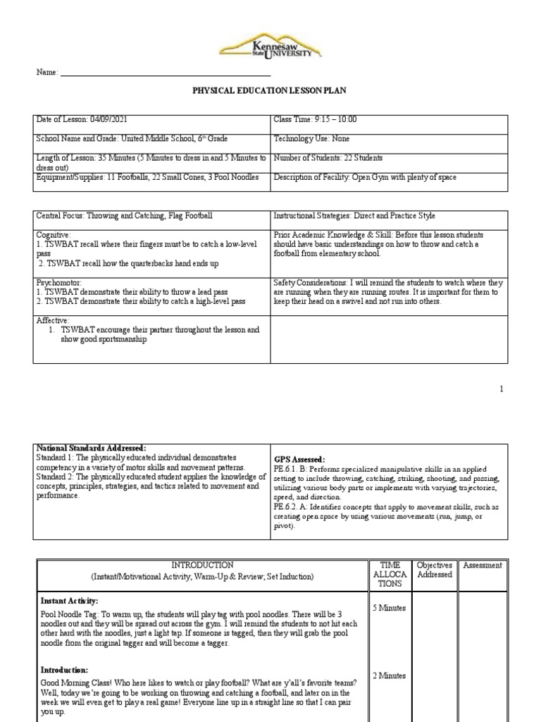 Flag Football Unit Plan | PDF | Physical Education | Educational Assessment